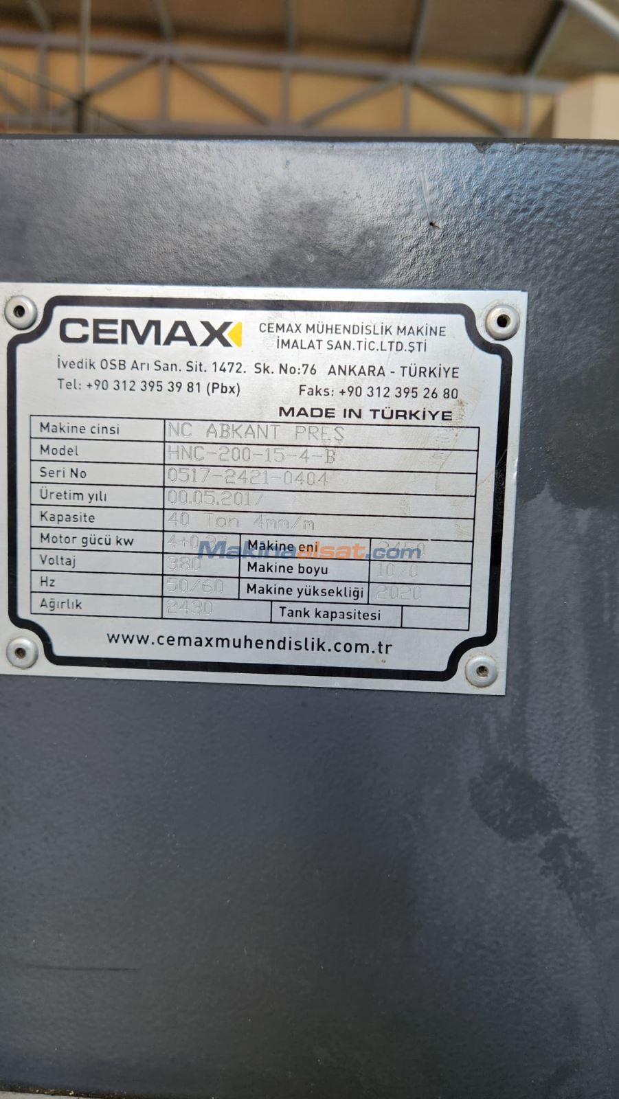 Satılık ikinci el 2017 MODEL CEMAX HNC 2050 MM X 40 T ARKA DAYAMA NC ...