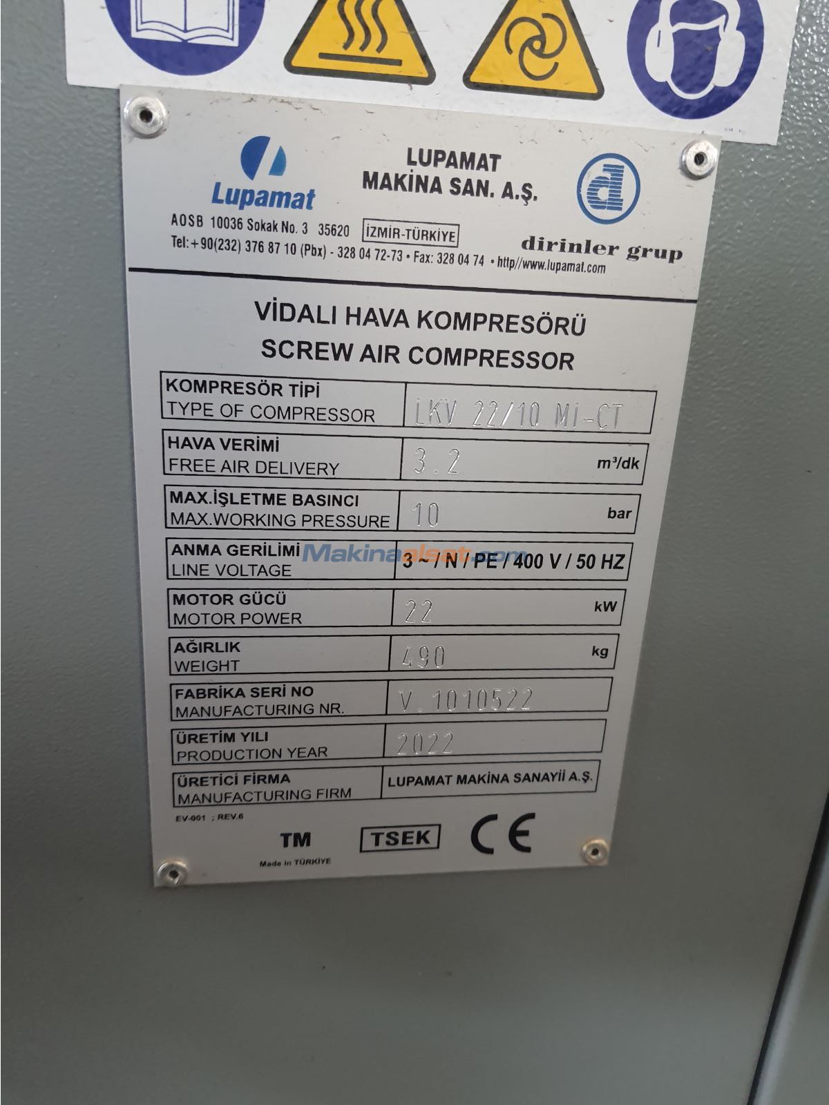 Satılık ikinci el Lupamat 22 kW 10 Bar Hava Tanklı Kurutuculu Vidalı ...